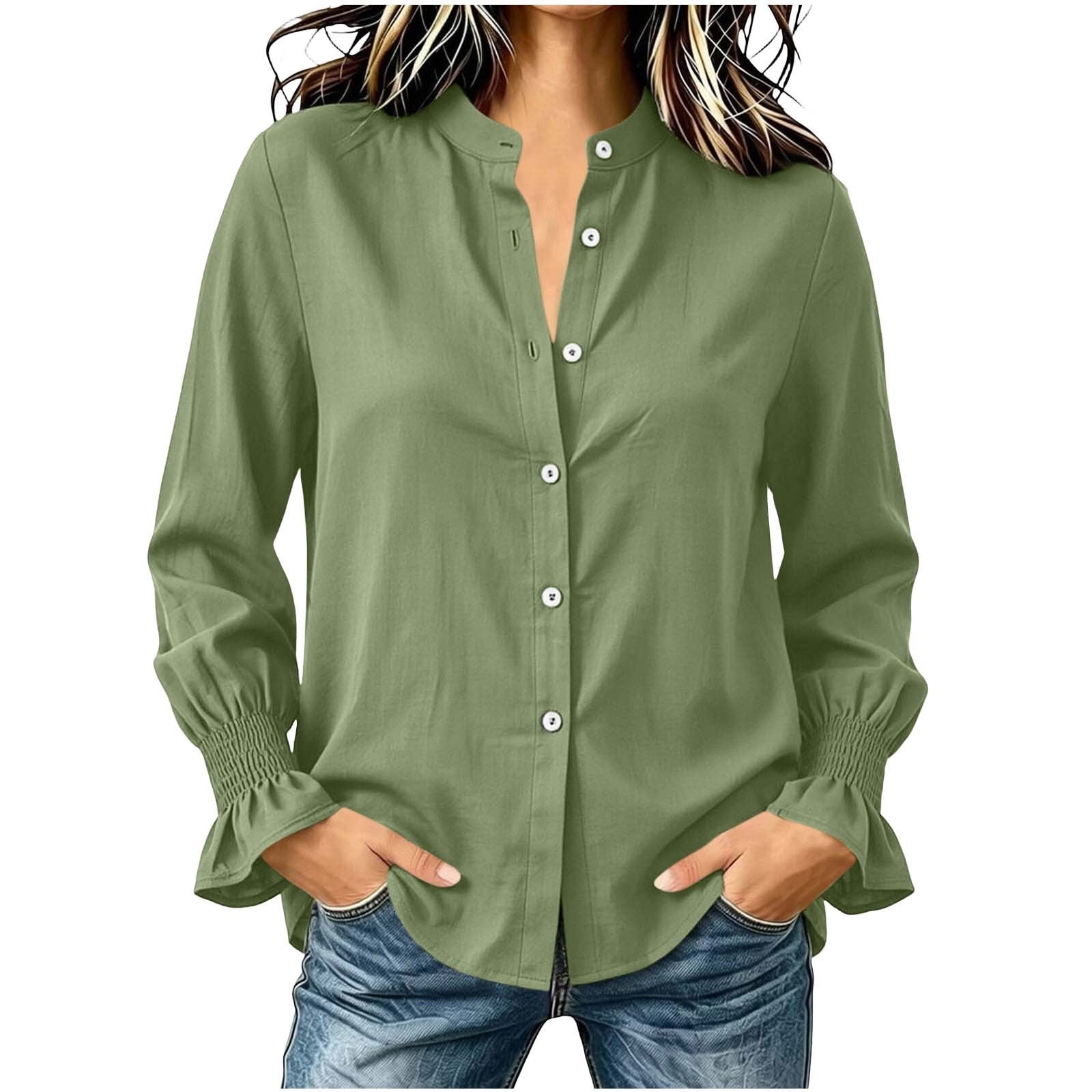 Hurxie Womens Puff Long Sleeve Button Down Blouse Shirts Pleated V Neck ...