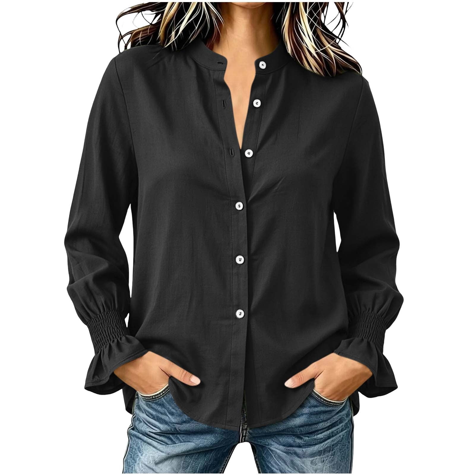 Hurxie Womens Puff Long Sleeve Button Down Blouse Shirts Pleated V Neck ...