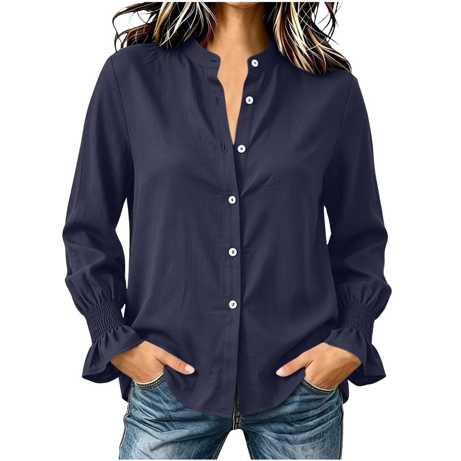 Hurxie Womens Puff Long Sleeve Button Down Blouse Shirts Pleated V Neck ...