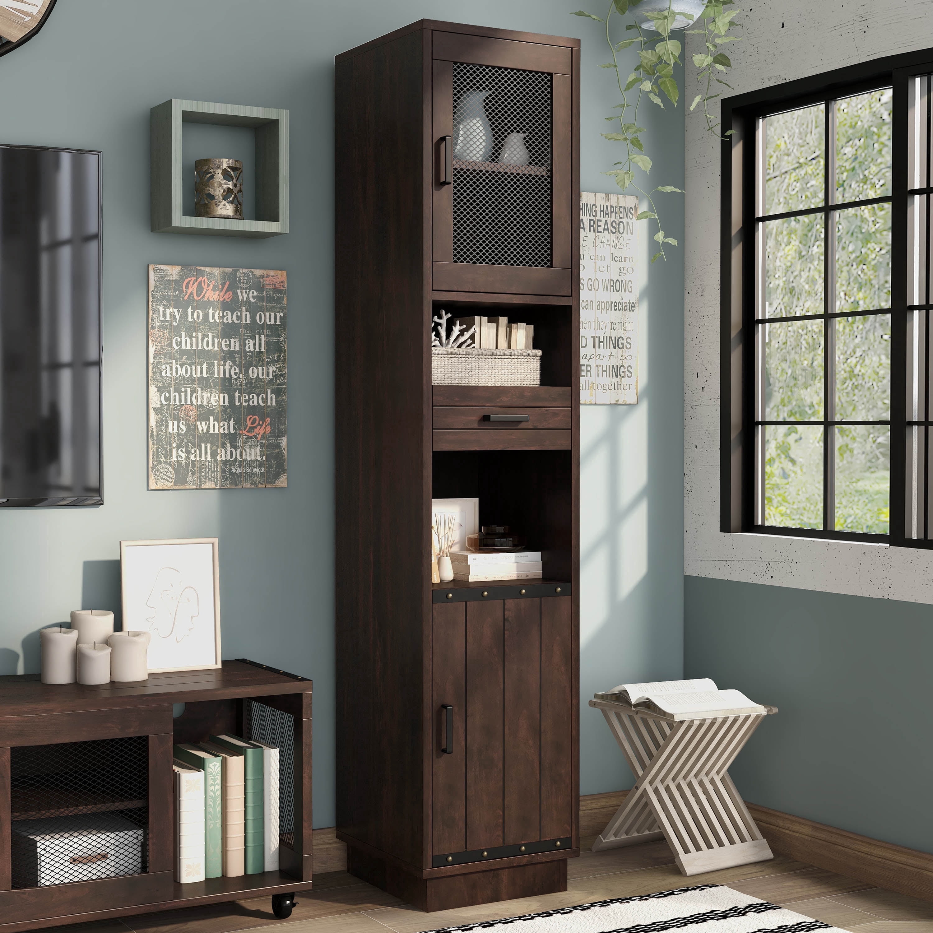 Hury Multi-Storage Wood Tower Cabinet, Vintage Walnut - Walmart.com