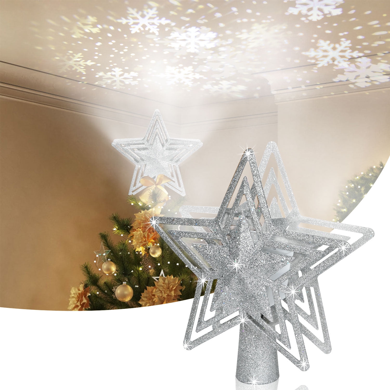 Husfou Lighted Christmas Tree Topper with LED Projector, Rotating Stars ...