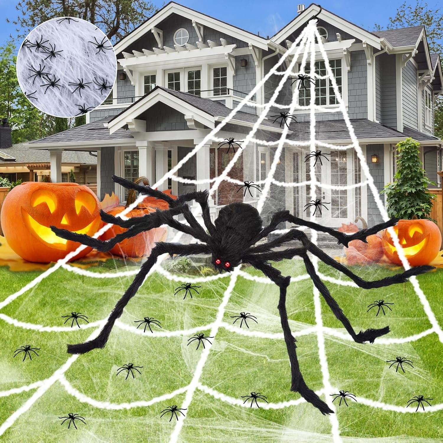 Husfou Outdoor Decor: Large 16x16ft Halloween Spider Web, 120 Fake ...