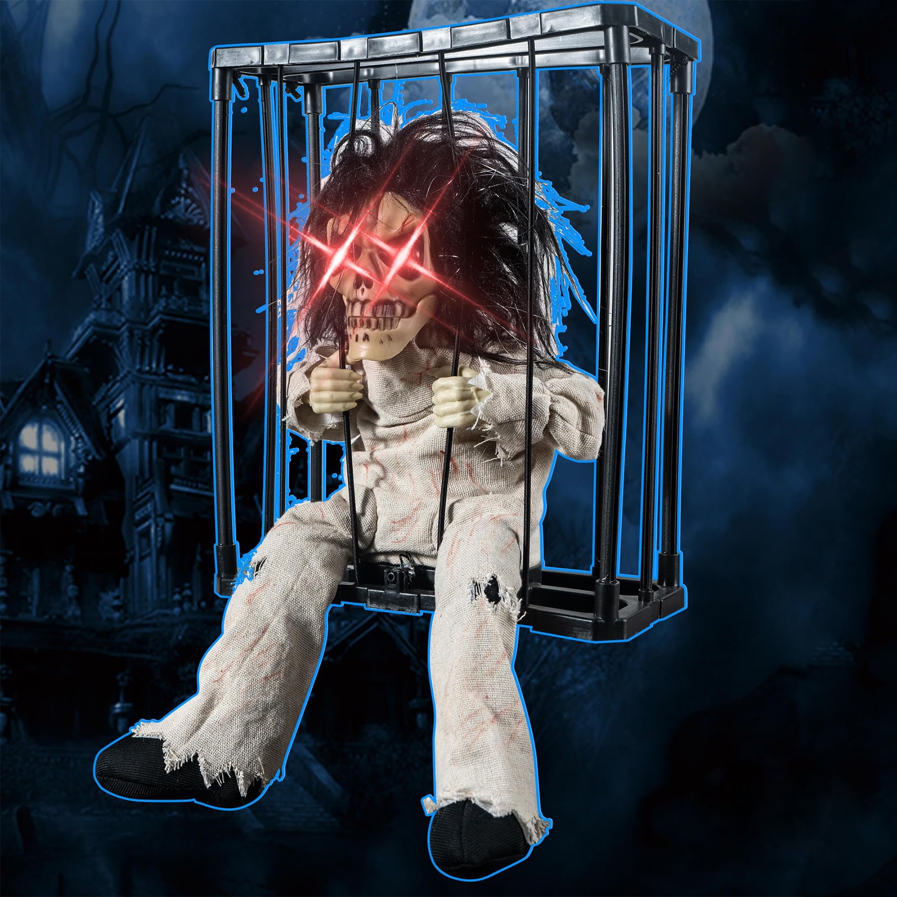 Husfou Scary Halloween Decoration Hanging Skulls Prisoner Cage with ...