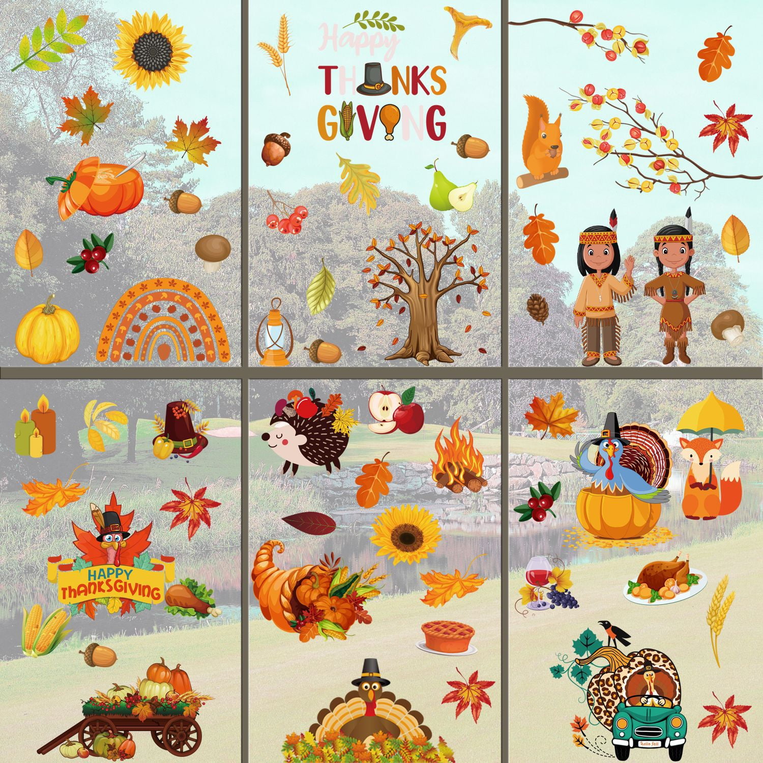 Husfou 110pcs Thanksgiving Window Clings, Fall Leaves, Turkey Pumpkin ...