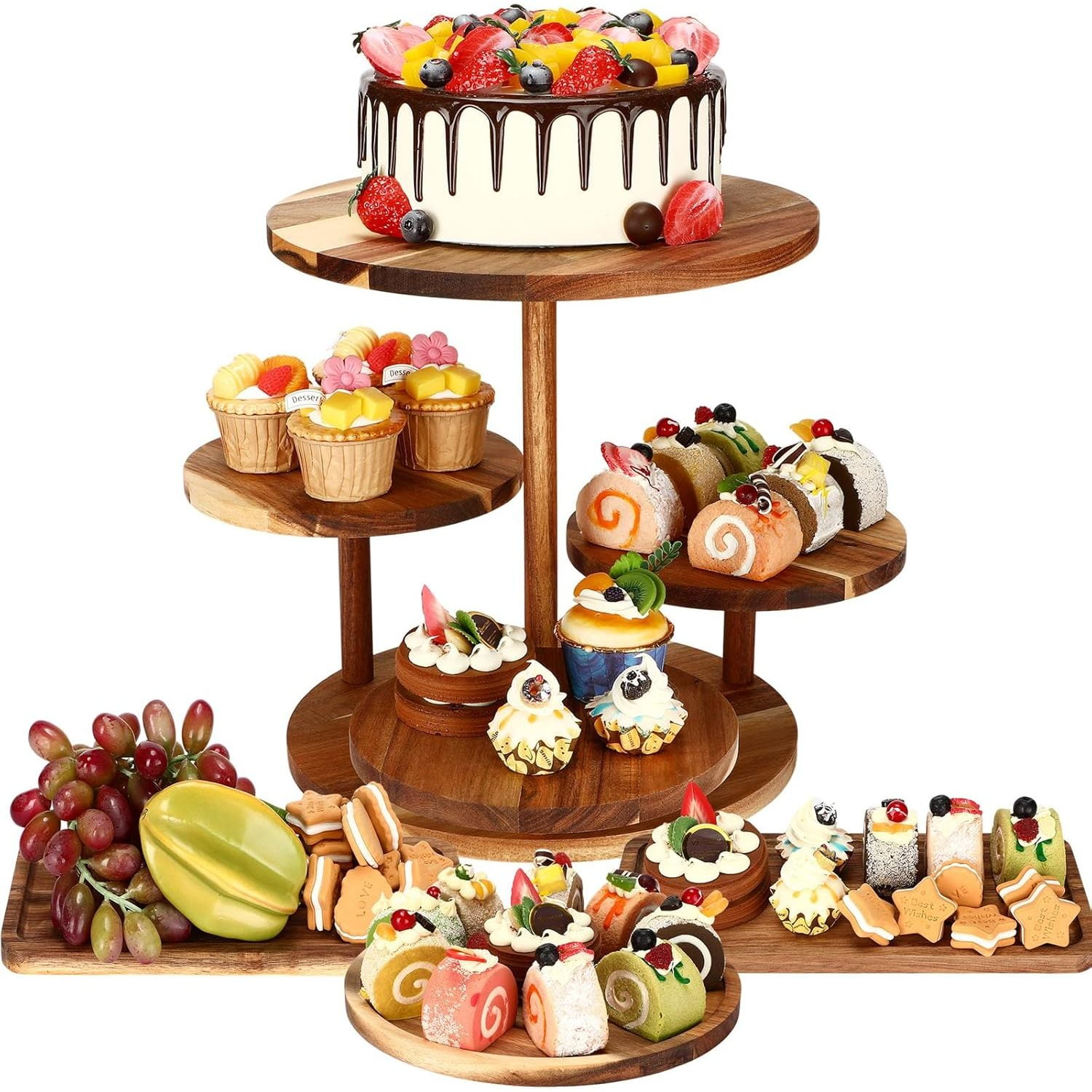 Hushee 4 Pcs Wood Round Cupcake Tower Stand with Serving Platters Trays ...