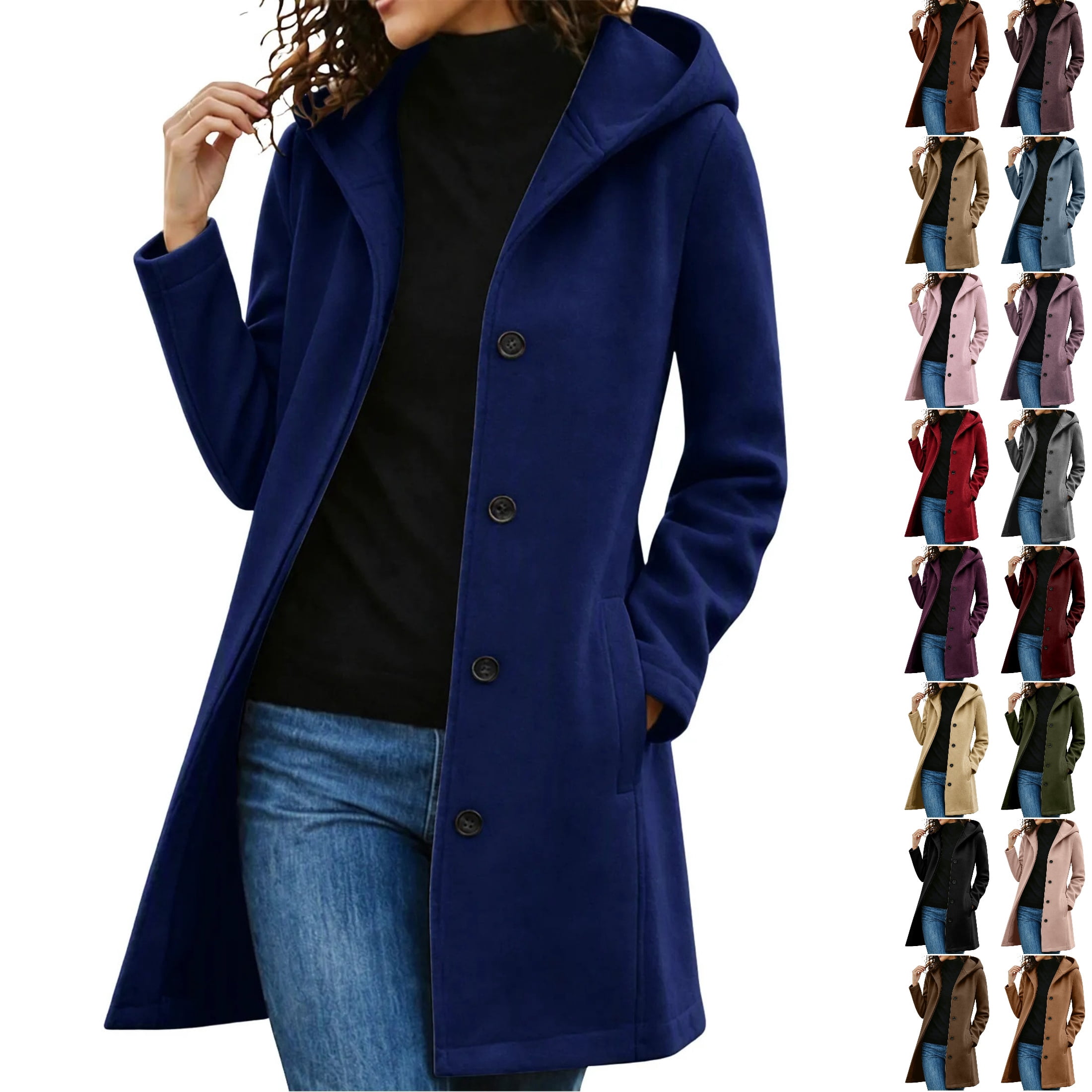 Husipze Women Winter Casual Single Breasted Hooded Jacket Pea Coat Long ...