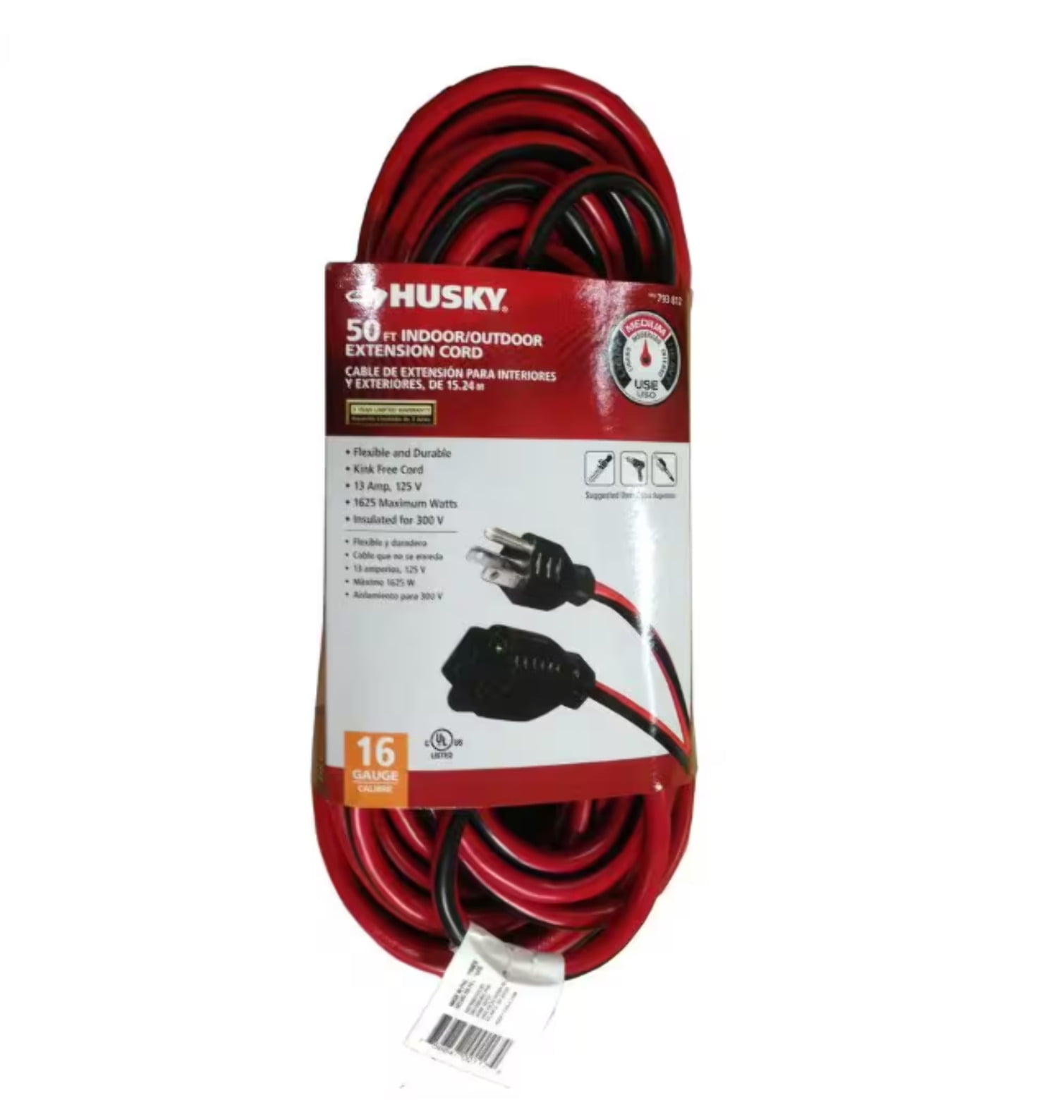 Husky 50 ft. 16/3 Medium-Duty Indoor/Outdoor Extension Cord, Red and ...