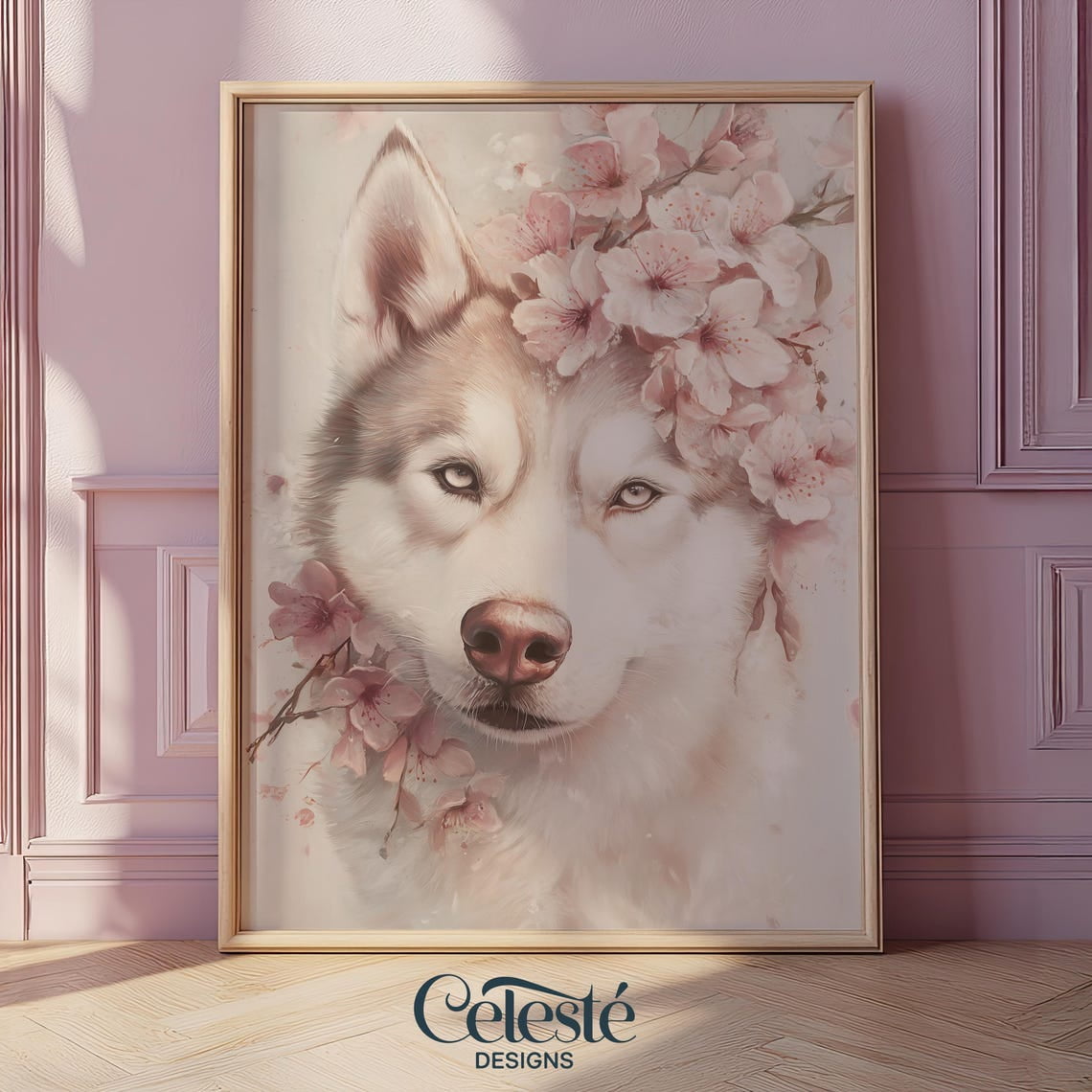 Husky Cherry Blossom Print, Spring Floral Dog Portrait UNFRAMED Poster ...