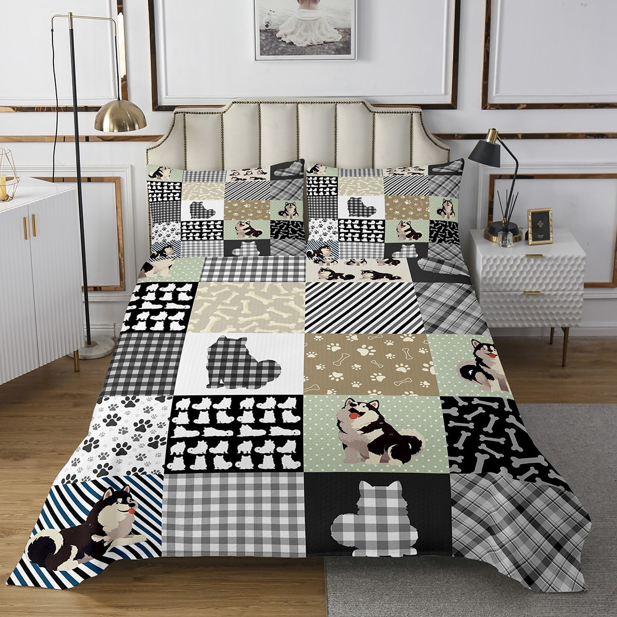 Husky Coverlet Set King Size,Rustic Pacthwork Dog Bedspread Set,Cartoon ...