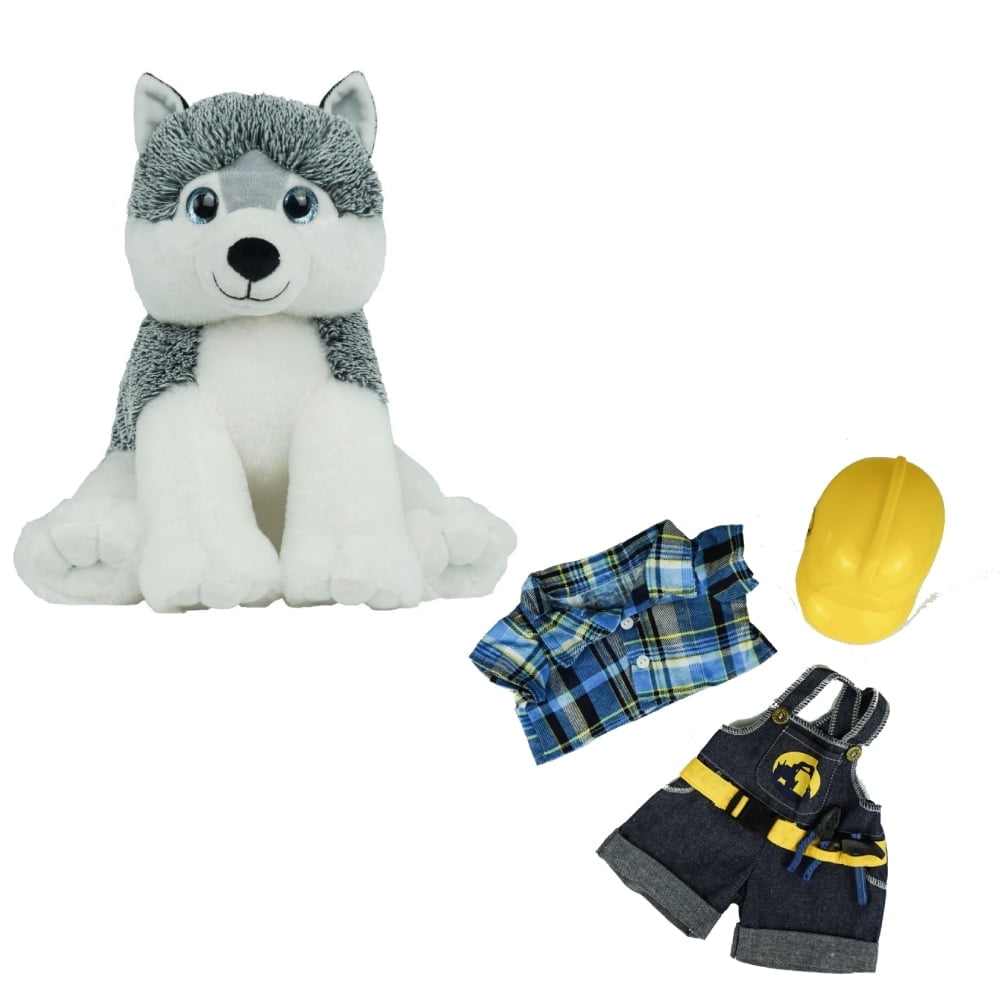 Husky Dog 16" Plush Stuffed Animal Toy with Construction Worker Builder ...