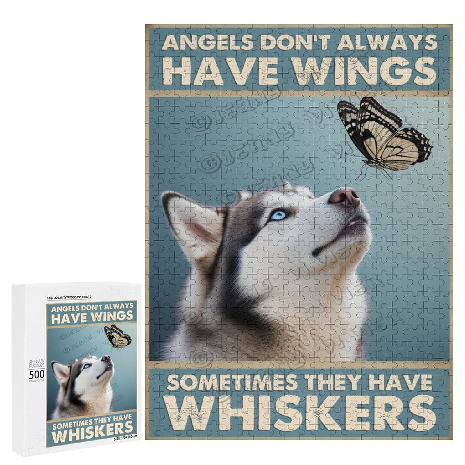 Husky Dog & Butterfly Angel Wings – 500 Piece Jigsaw Puzzle for Adults ...
