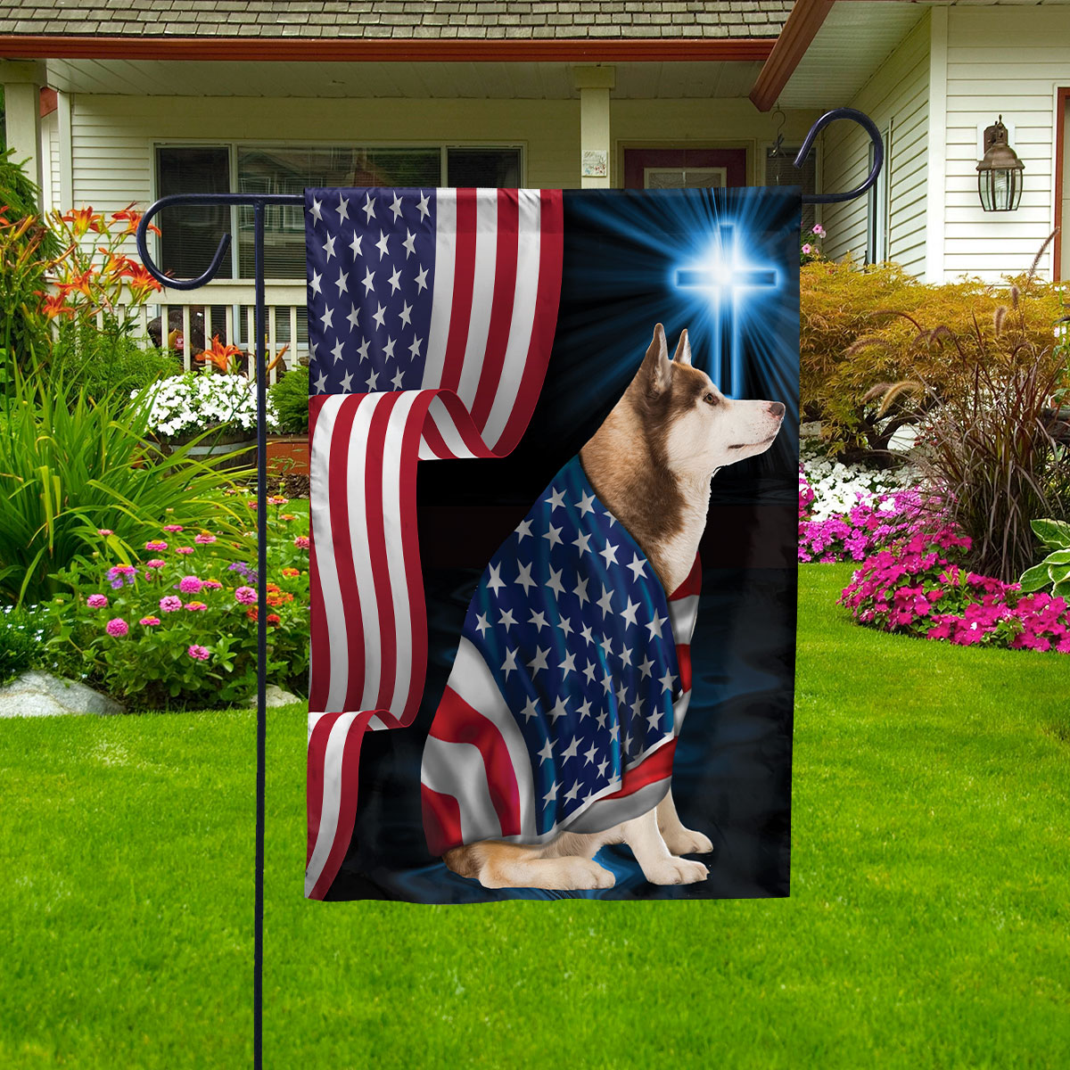 Husky Dog Wearing Flag American Faith Cross 4th of july, Dog Decor ...