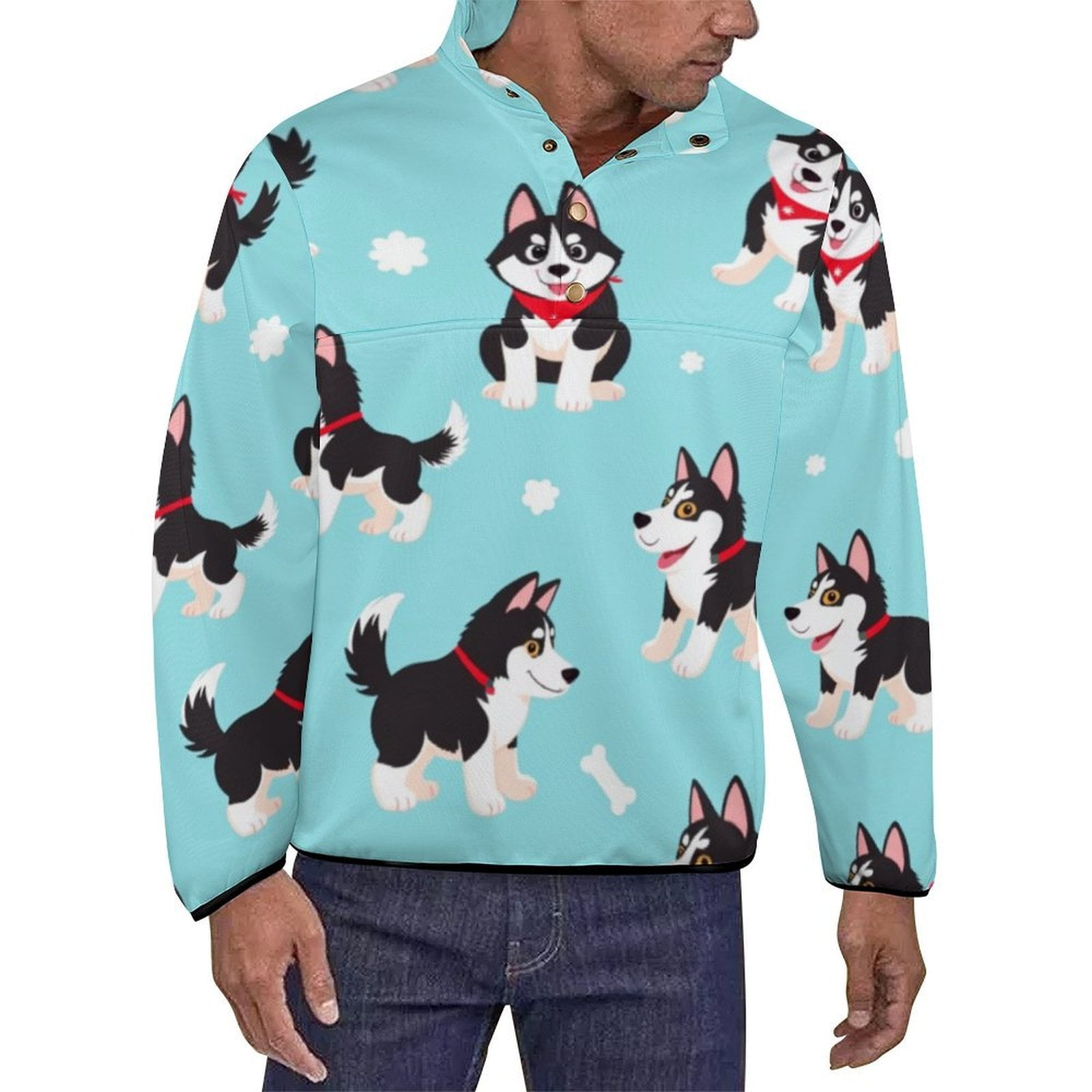 Husky Dogs Cute Pattern Men's Stand Collar Sweater Long Sleeve Clothing ...