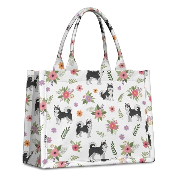 Husky and Floral White Pattern Tote Bag, Shopping Handbag with Interior ...