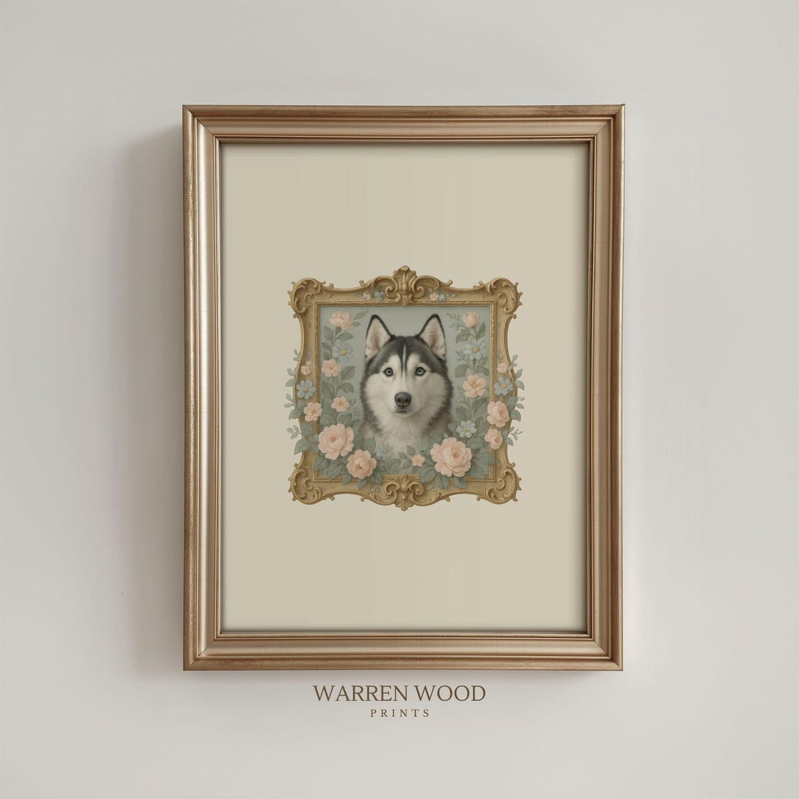 Husky Wall Art Print, Neutral Dog Portrait, Floral Gold Frame ...