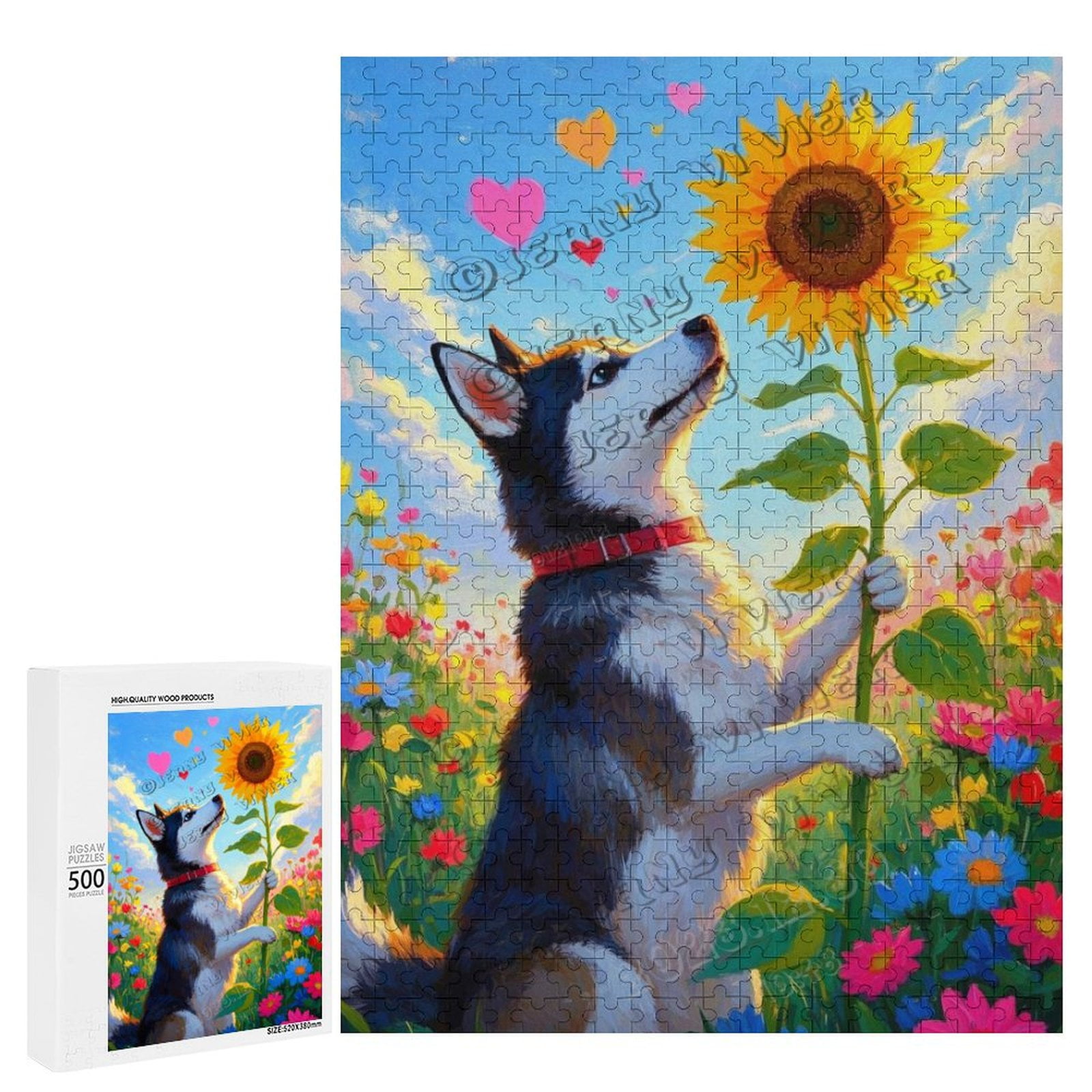 Husky With Sunflower Puzzle – 500 Piece Wooden Jigsaw for Adults ...