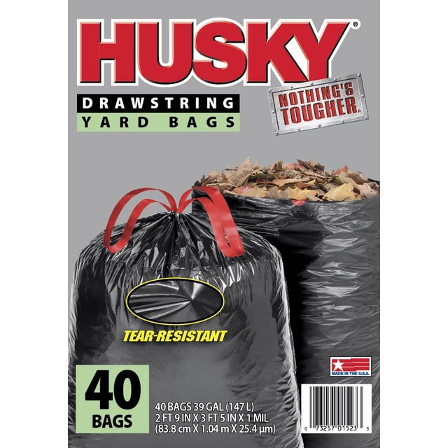 Husky 39 Gallon Drawstring Plastic Trash Garbage Yard Bags, 40 Count ...