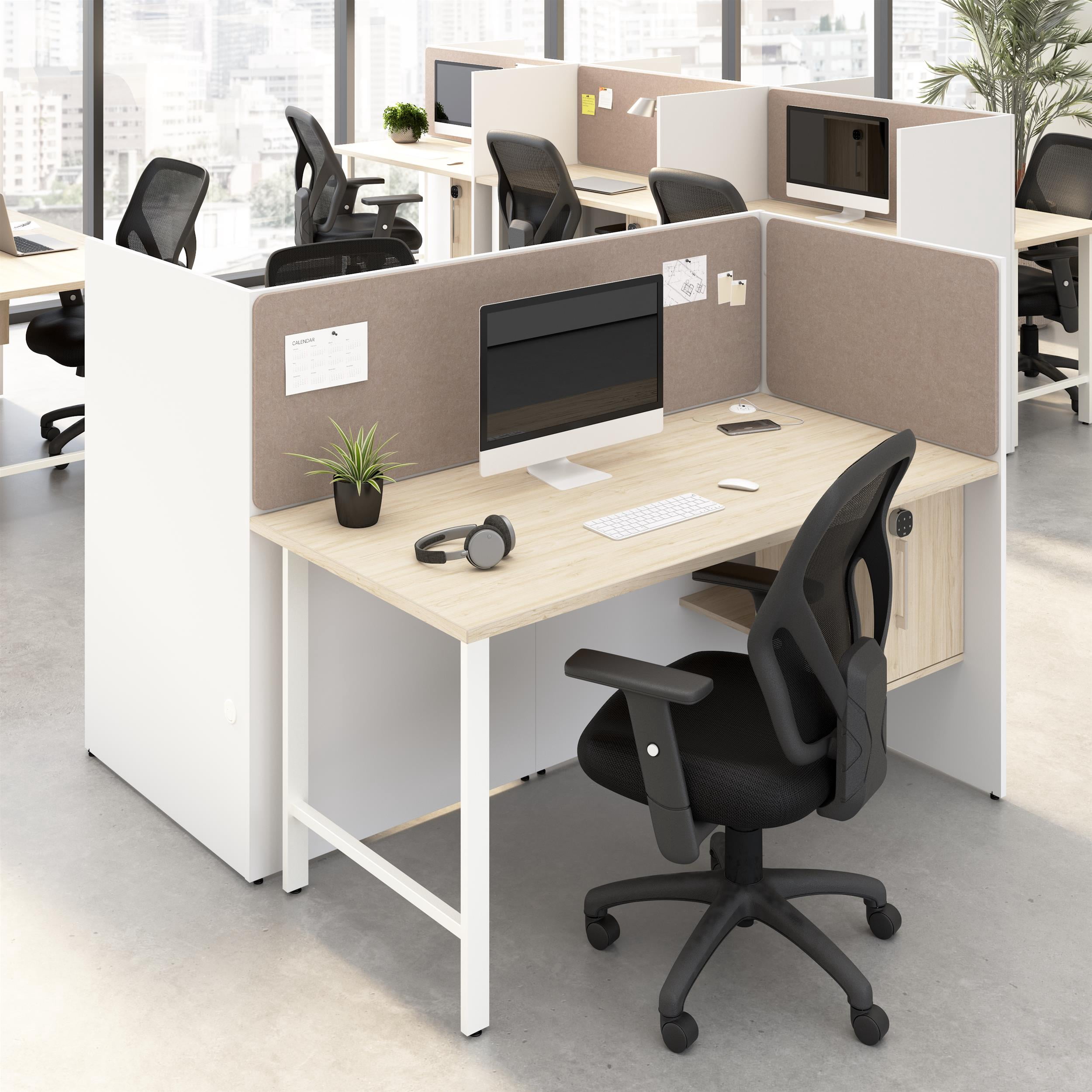 Hustle 60W 2 Person Cubicle with Tackboard in White/Elm - Engineered ...