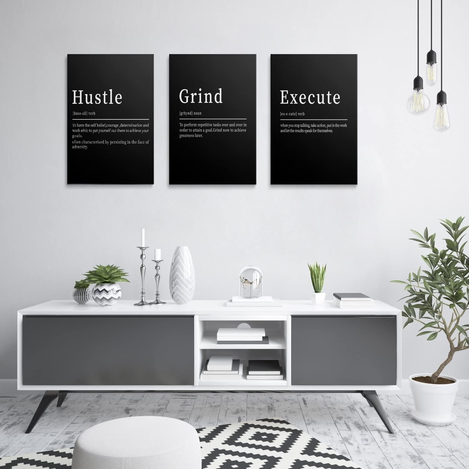 Hustle Grind Execute Wall Art Set of 3 Framed Canvas Black ...