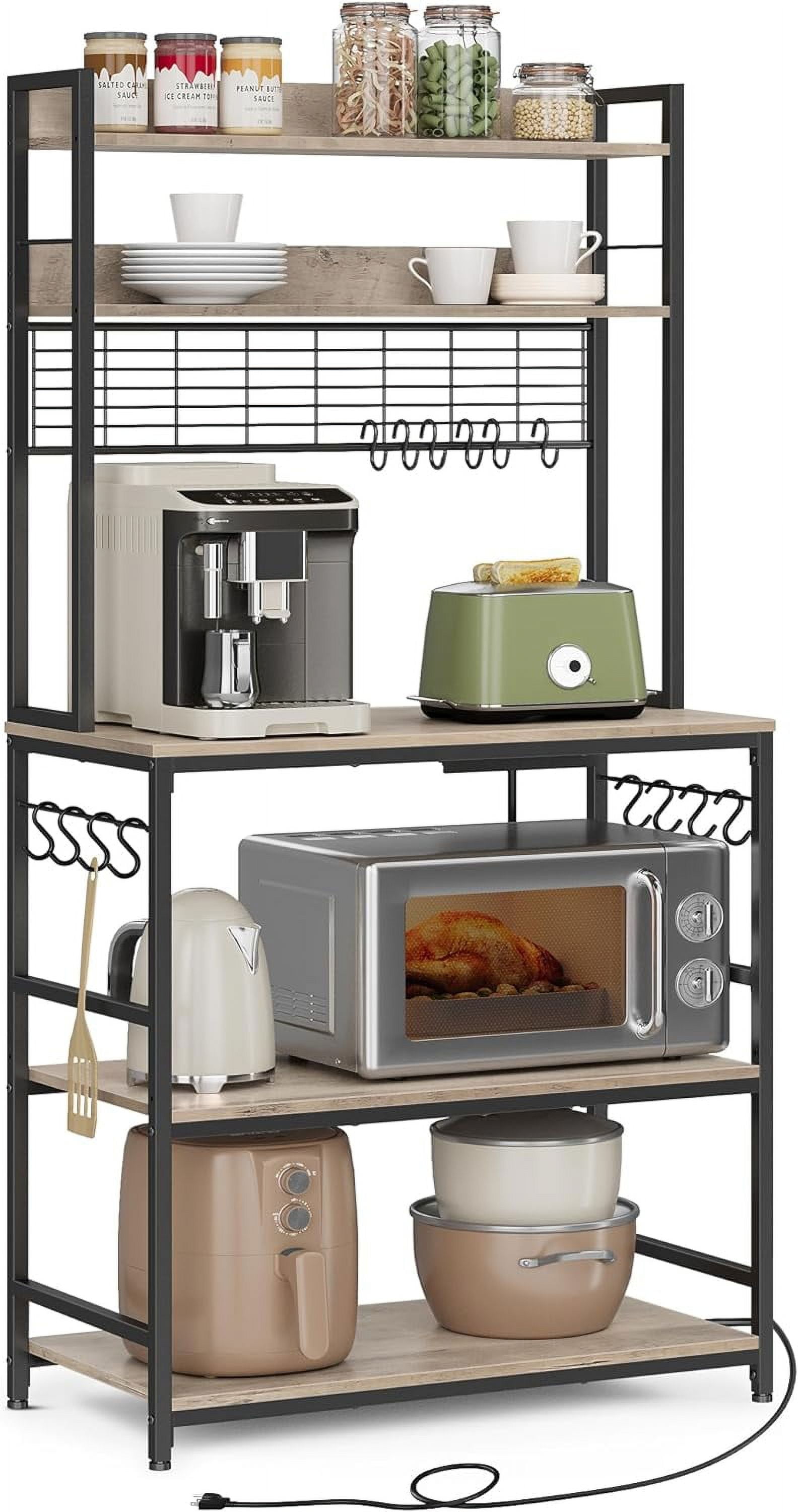 Hutch Bakers Rack with Power Outlet, 14 Hooks Microwave Stand ...
