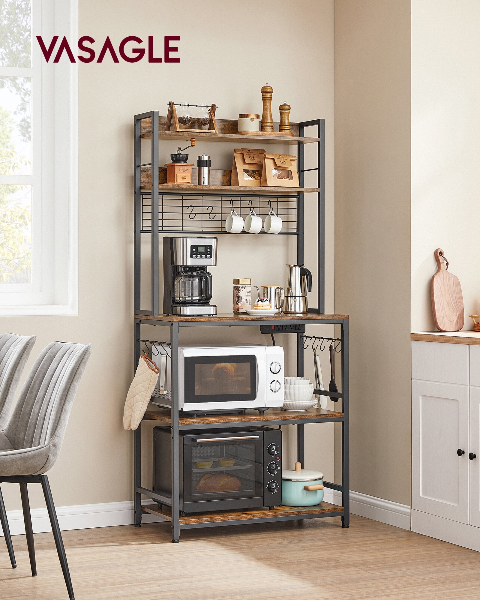 VASAGLE Bakers Rack with Power Outlet, Microwave Stand, Kitchen Tall ...