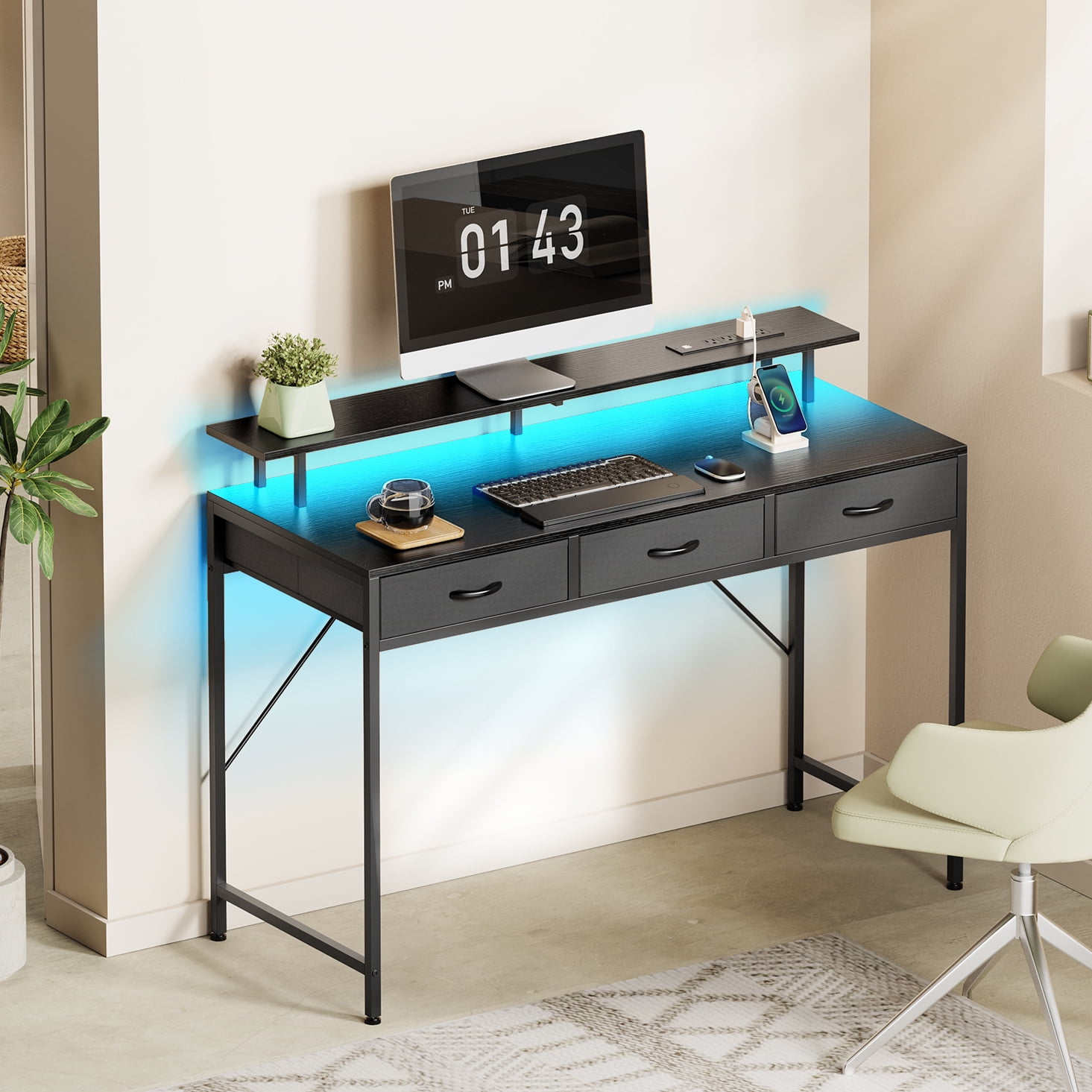 Huuger 47 inch LED Office Desk with USB Electric Ports, 3 Storage ...