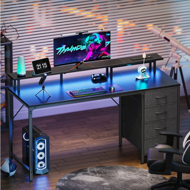 SUPERJARE Desk with Drawers, 54" Gaming Desk with LED Lights, Computer ...