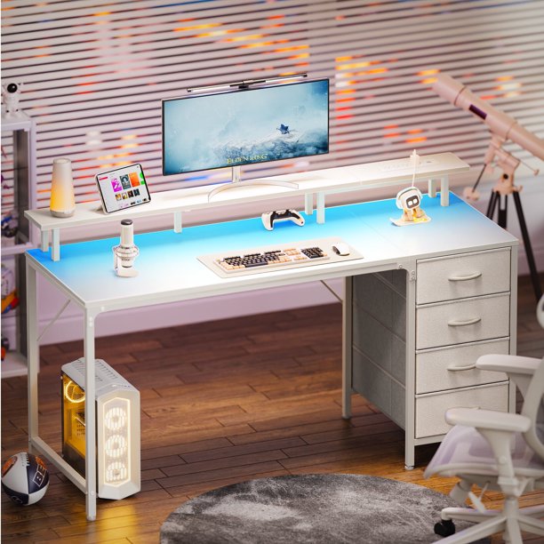 SUPERJARE Desk with Drawers, 54" Gaming Desk with LED Lights, Computer ...