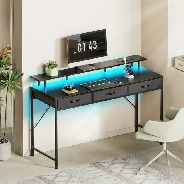 Huuger 55 inch Small LED-Lit Office Desk with USB Charging Ports, Power ...