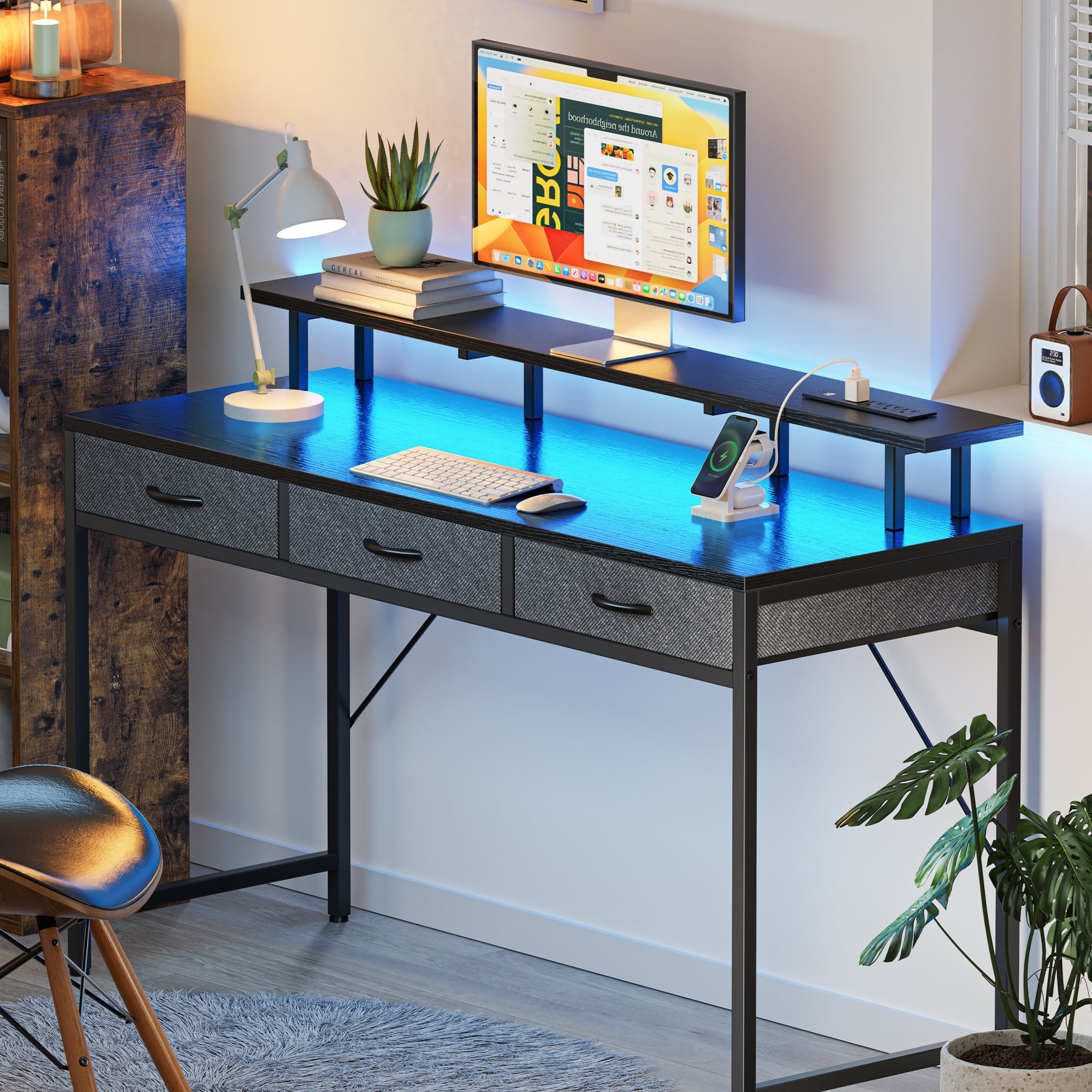 Huuger 55 inch Computer Desk with LED Lights & Power Outlets, Office ...