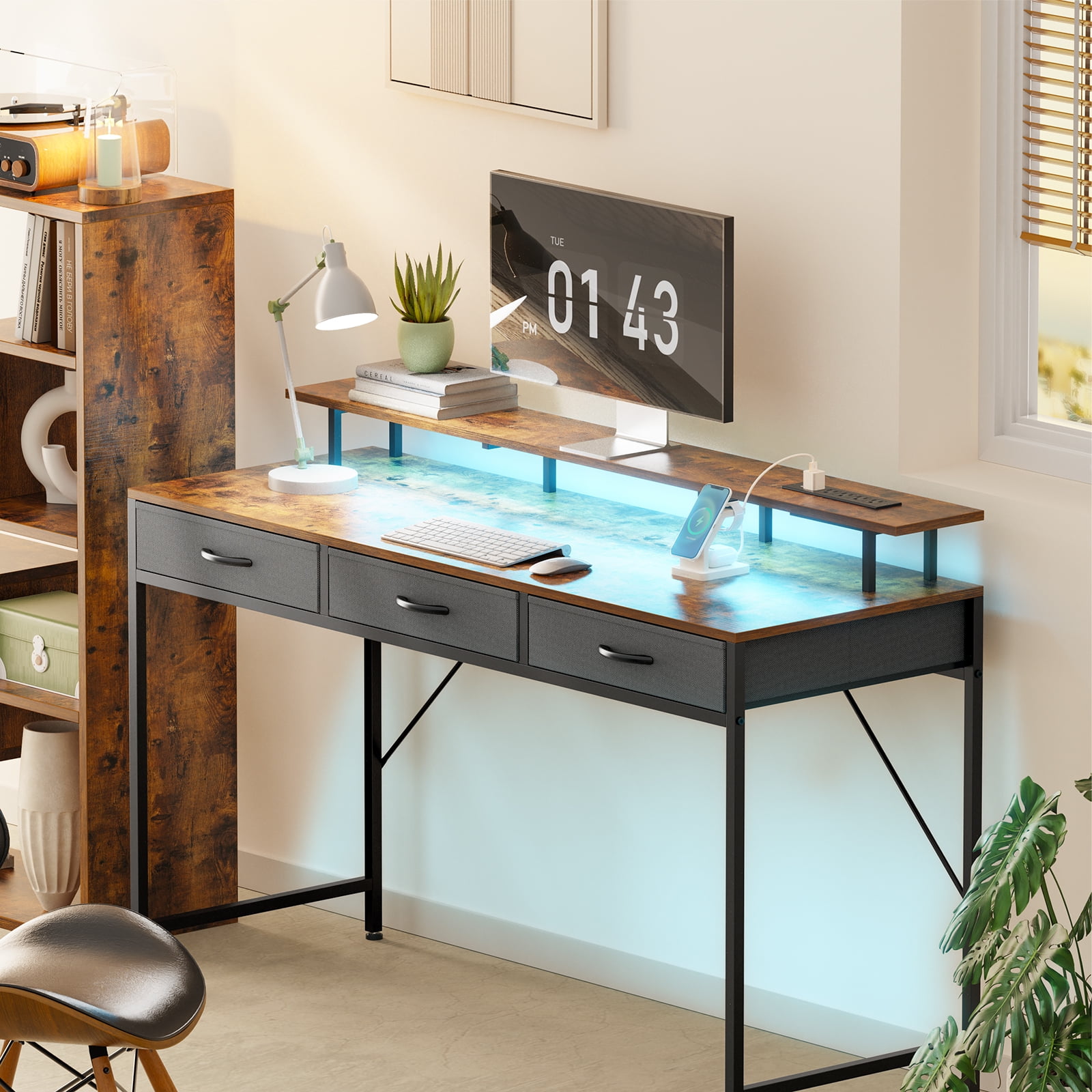 Huuger 55 inch Computer Desk with LED Lights & Power Outlets, Office ...