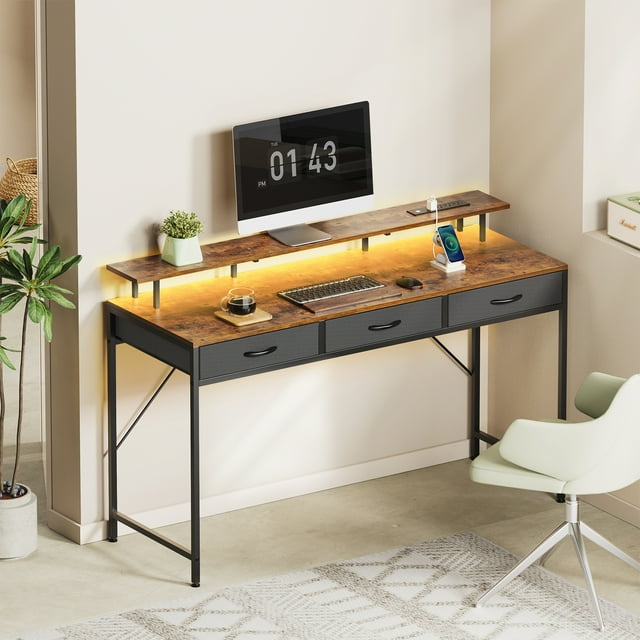 HuuGer 55 inch Rustic Brown Office Desk with LED Lights, USB Ports ...