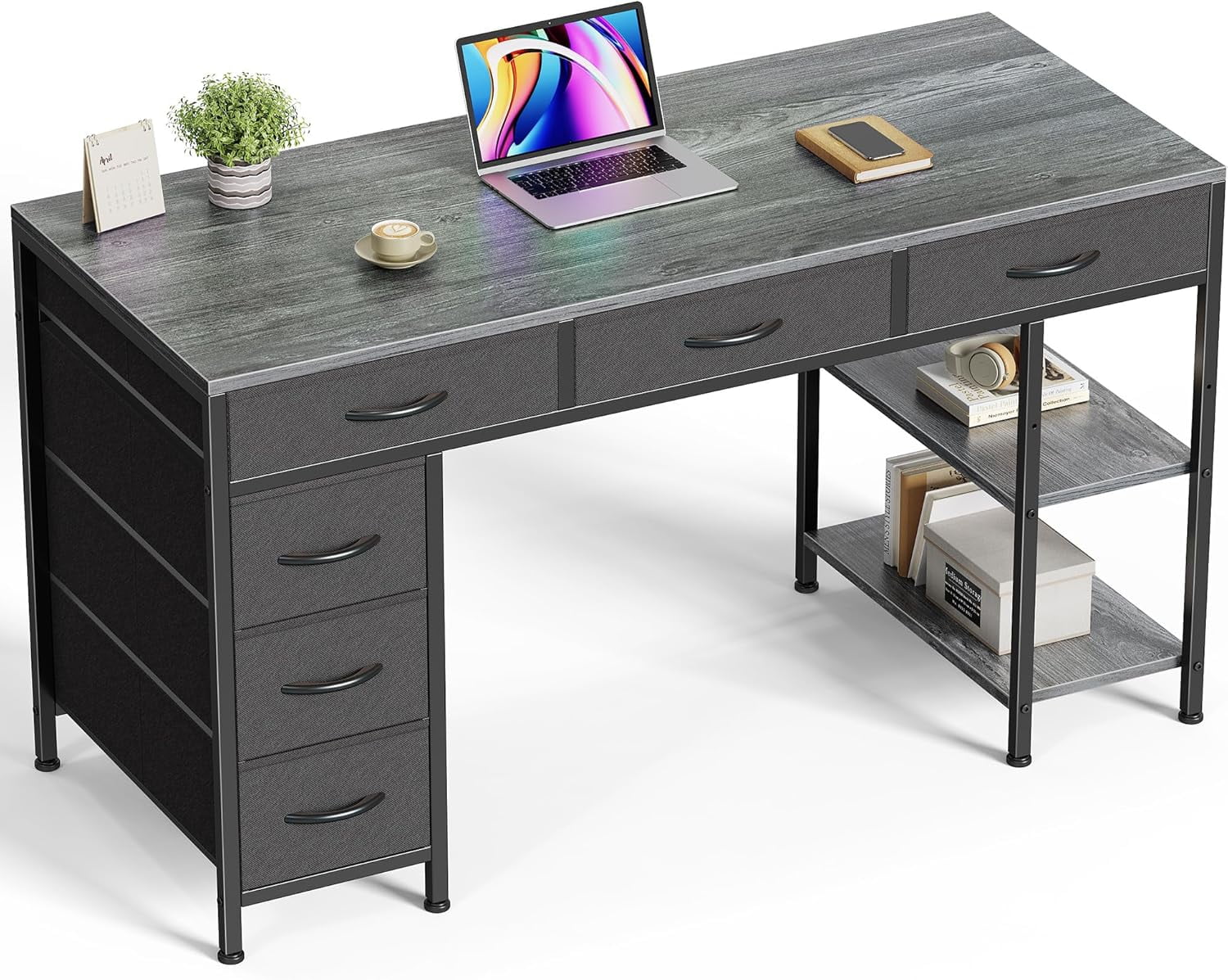 Huuger Computer Desk with 6 Drawers, 47 Inch Office Desk with Shelves ...