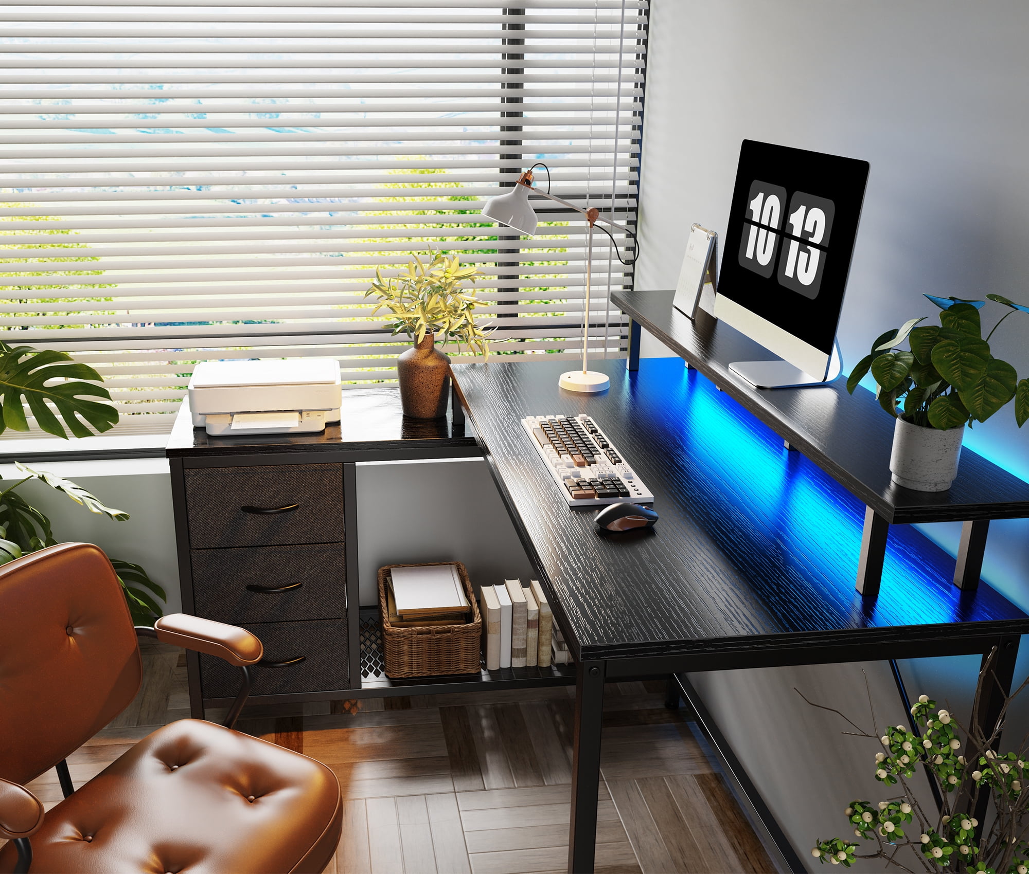 Huuger Computer Desk with LED Lights and Power Outlets, L Shaped Gaming ...