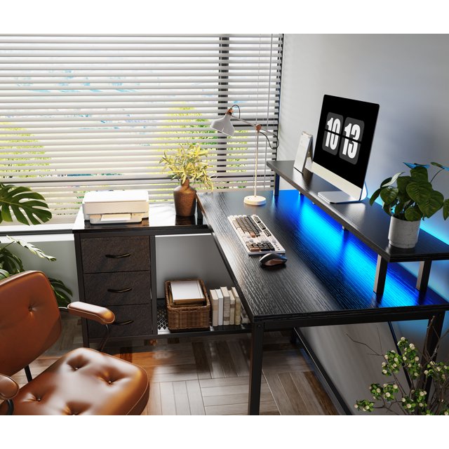 Huuger Computer Desk with LED Lights and Power Outlets, L Shaped Gaming ...