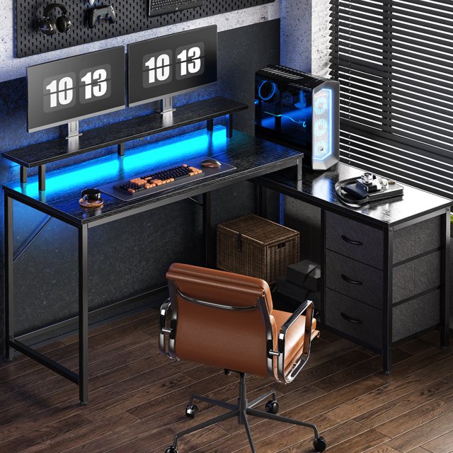 Huuger Computer Desk with LED Lights and Power Outlets, L Shaped Gaming ...