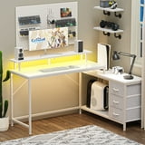 White L-Shaped Gaming Desk with LED Lights, Charging Ports, Drawers ...