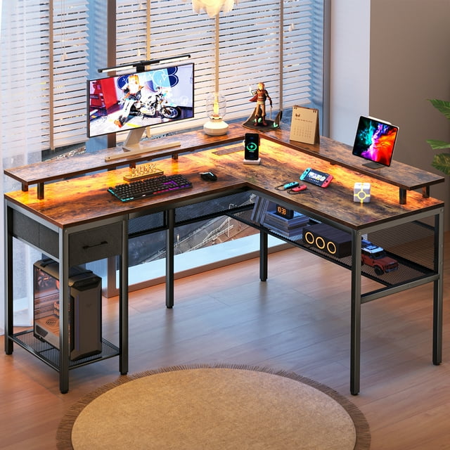 Huuger Gaming Desk with LED Lights & Power Outlets, L Shaped Desk ...
