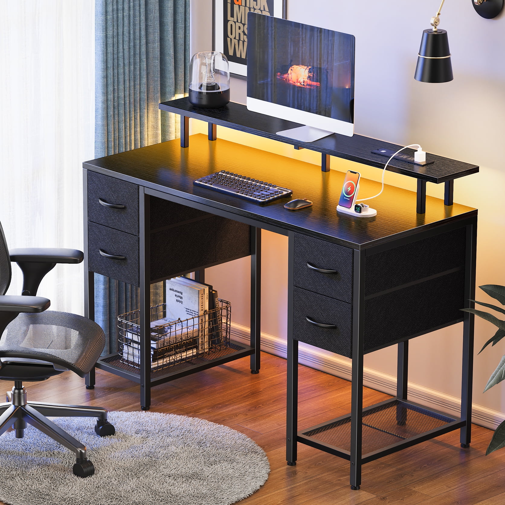 Computer Desk, LED Gaming Desk with Drawers, Office Desk with Outlets ...