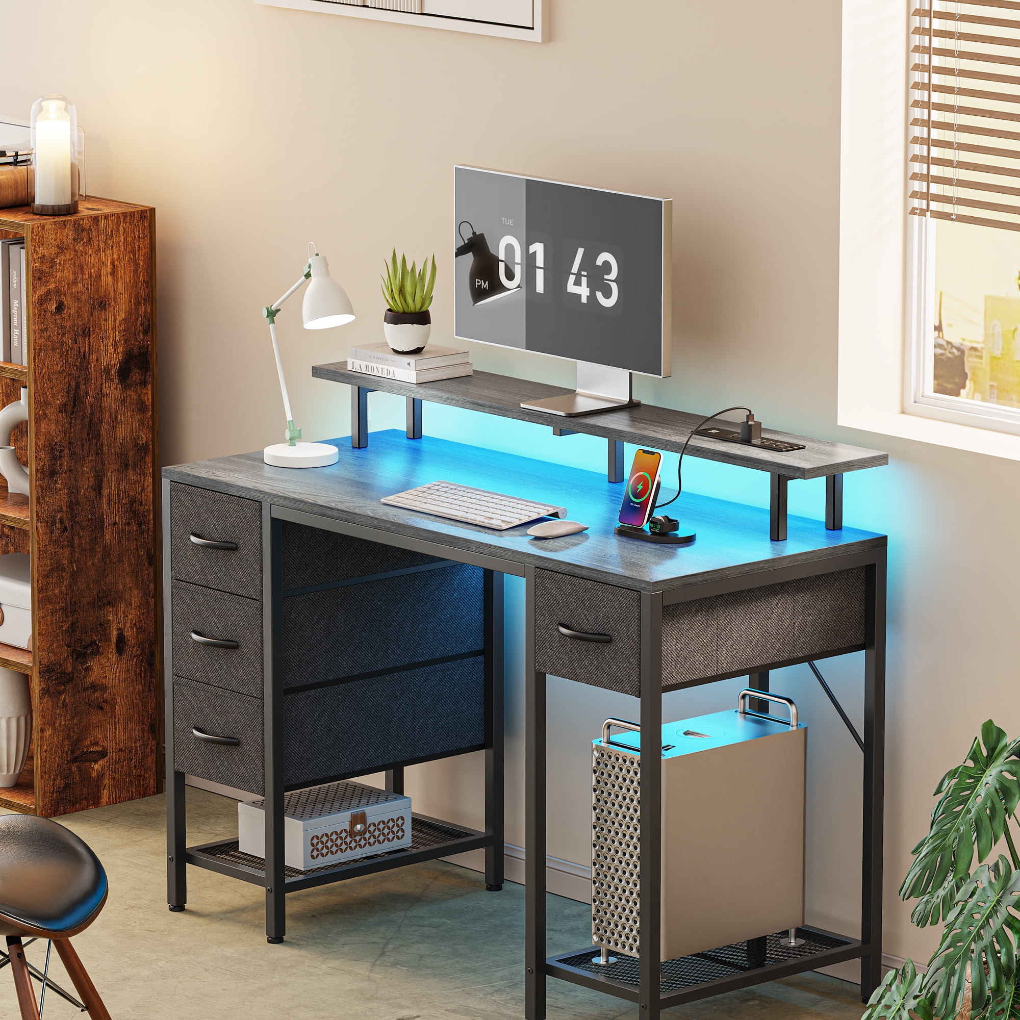Computer Desk, LED Gaming Desk with Drawers, Office Desk with Outlets ...
