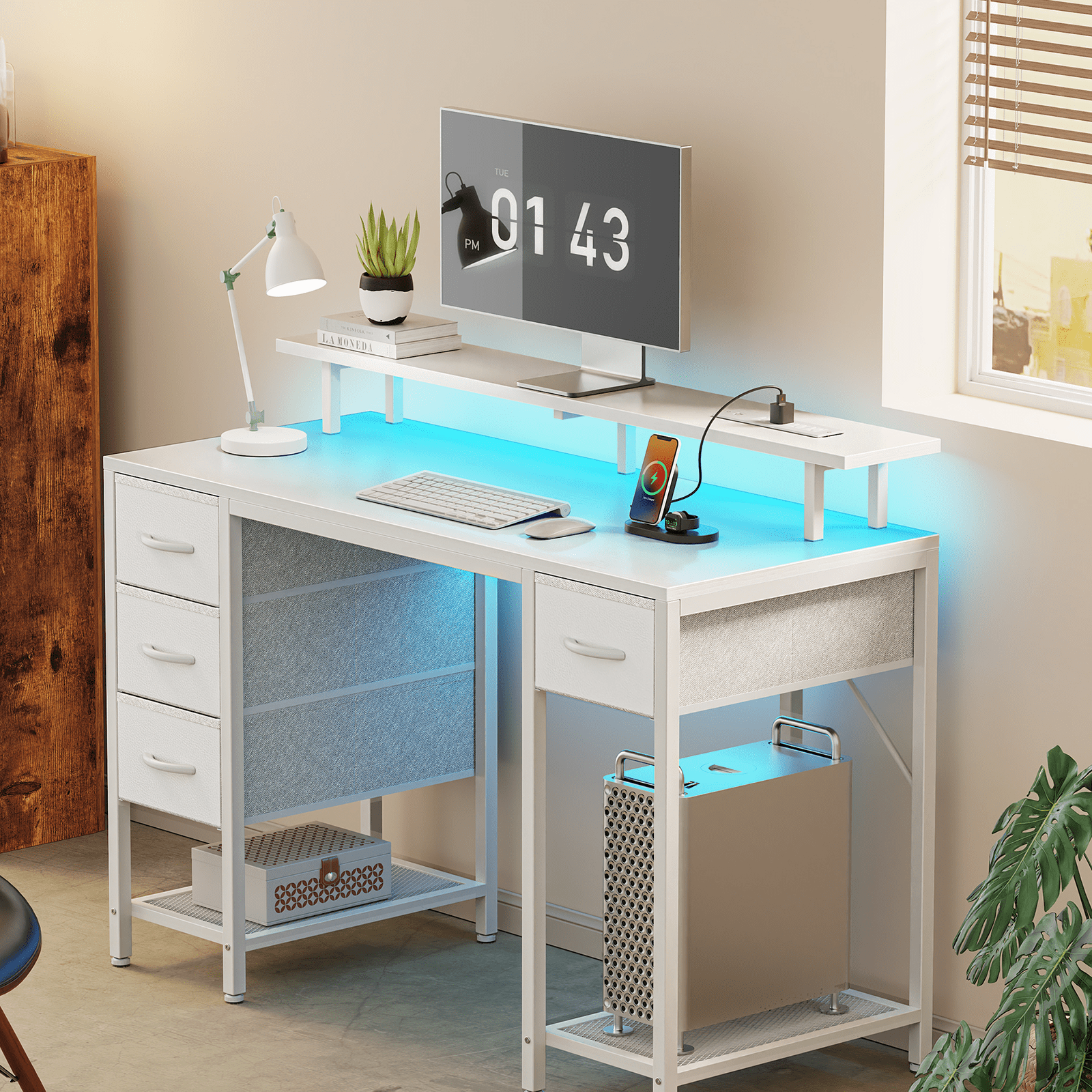 Computer Desk, LED Gaming Desk with Drawers, Office Desk with Outlets ...