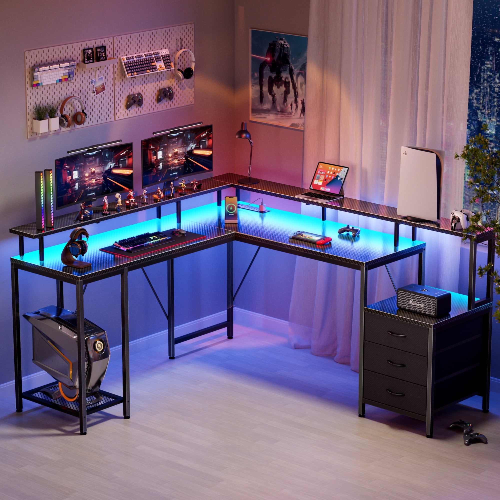 66" L Computer Desk, LED Gaming Desk with 3 Drawers and Power Outlets ...