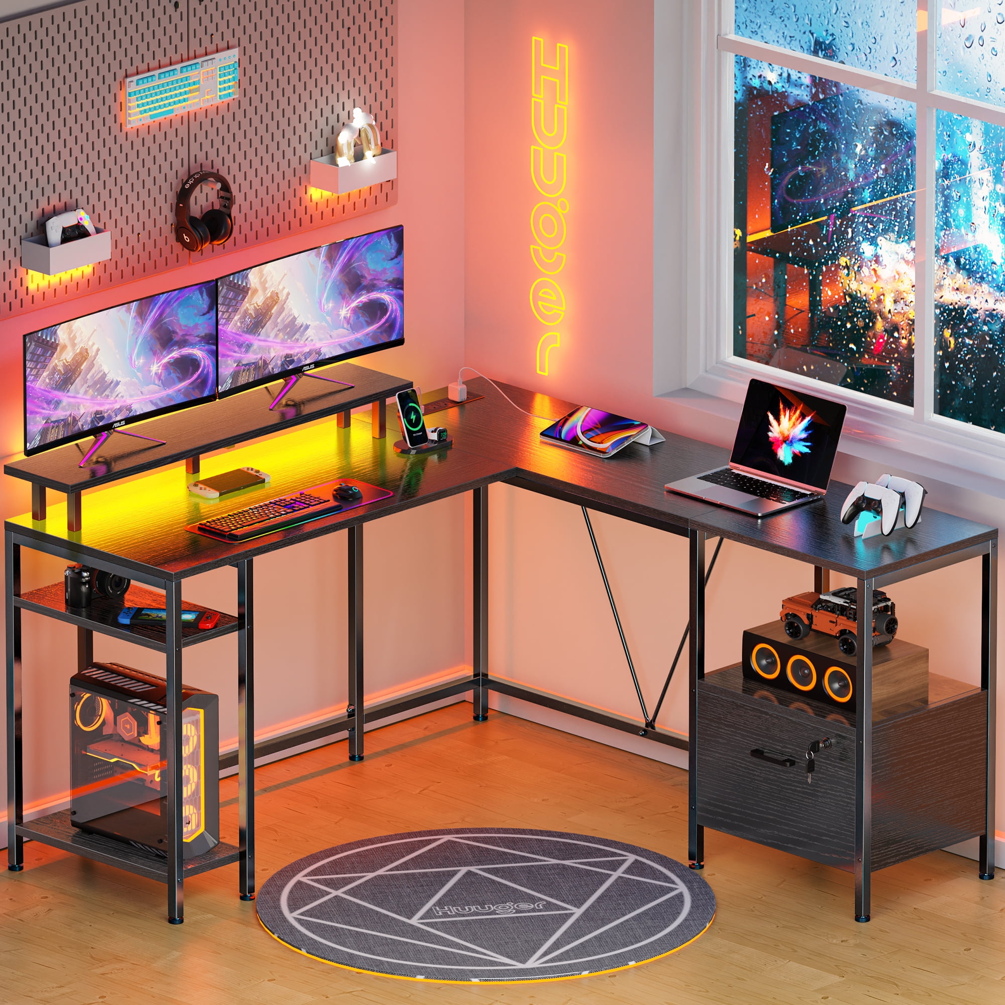 Huuger L Shaped Desk with Power Outlets, LED Lights, Barbados | Ubuy