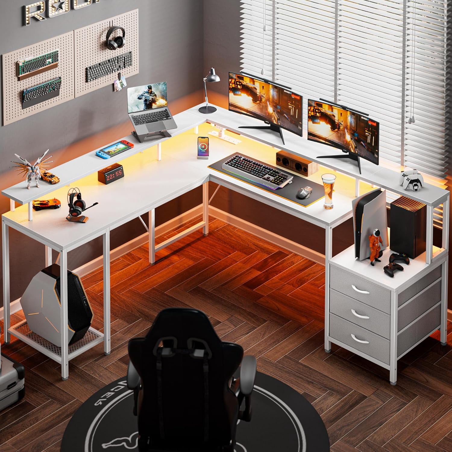 Huuger L Shaped Gaming Desk with LED Lights and Power Outlets, Computer ...