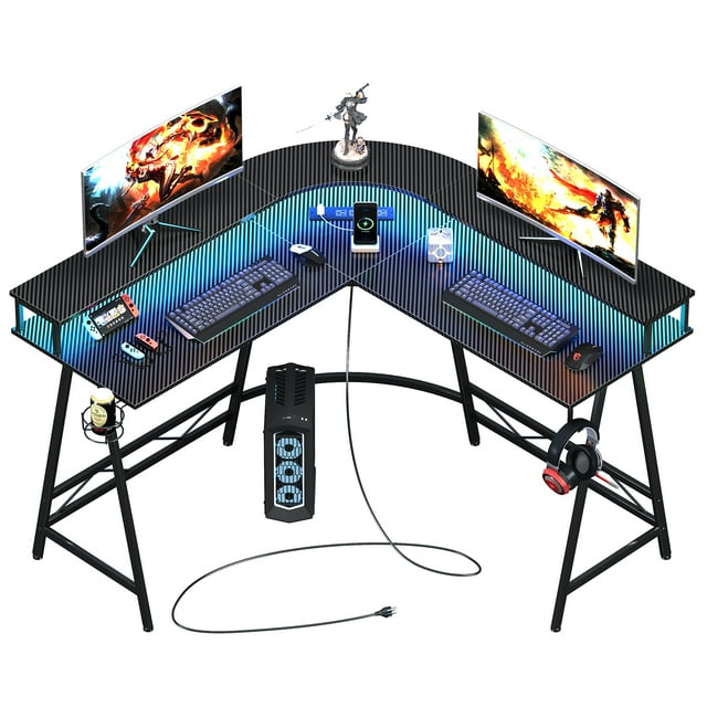 HuuGer Gamer L-Shaped Desk with LED Strip Lights, Power Outlets, Cup ...