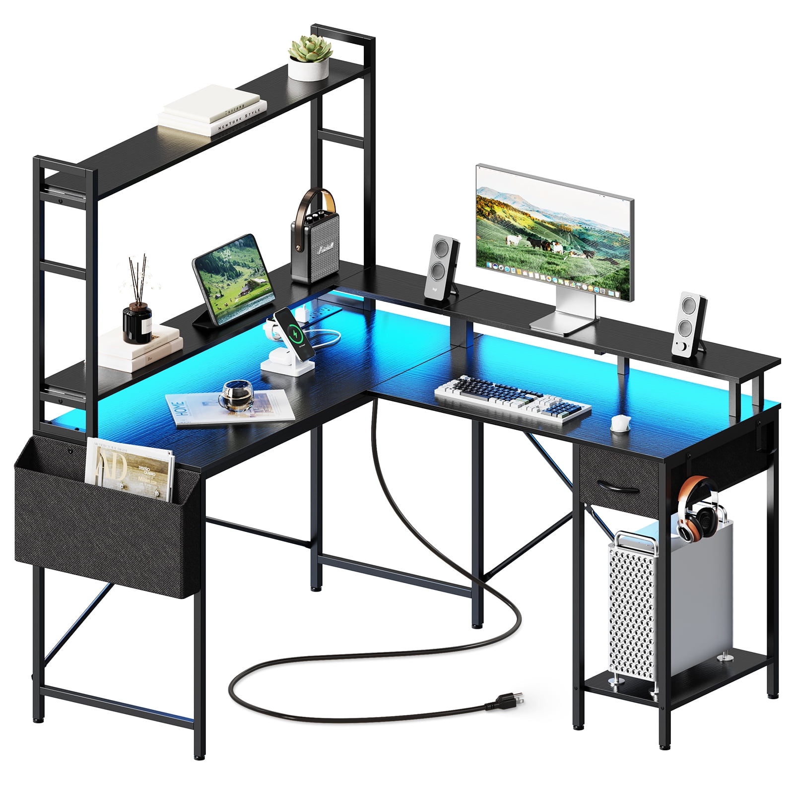 Huuger L Shaped Gaming Desk with Power Outlets, Led Lights, Computer ...