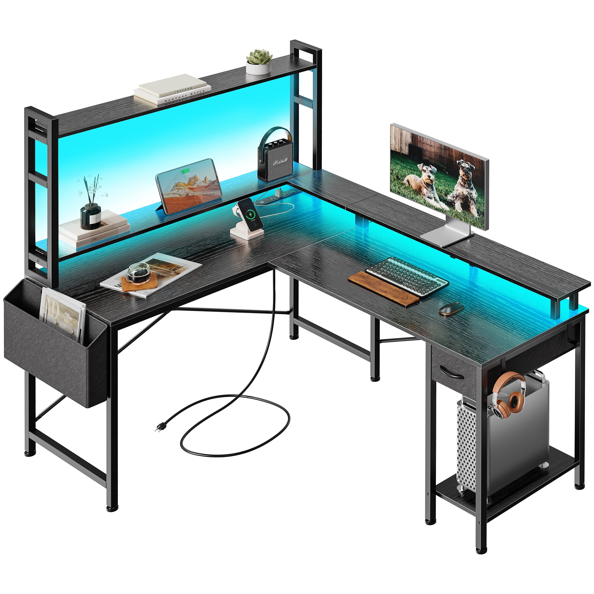 HuuGer L-Shaped Gaming Desk with Power Outlets, LED Lights, Storage ...