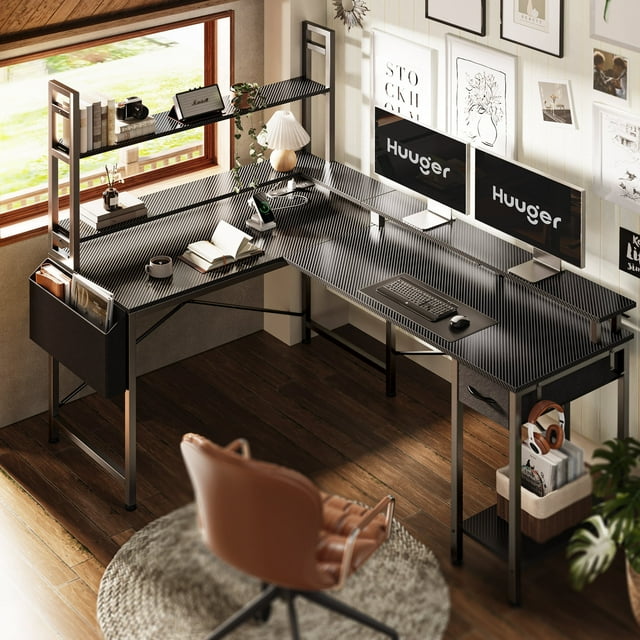 HuuGer L-Shaped Gaming Desk with LED Lights, Power Outlets, Storage ...
