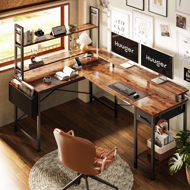 Free Shipping! Huuger L Shaped Gaming Desk with Power Outlets, Led ...