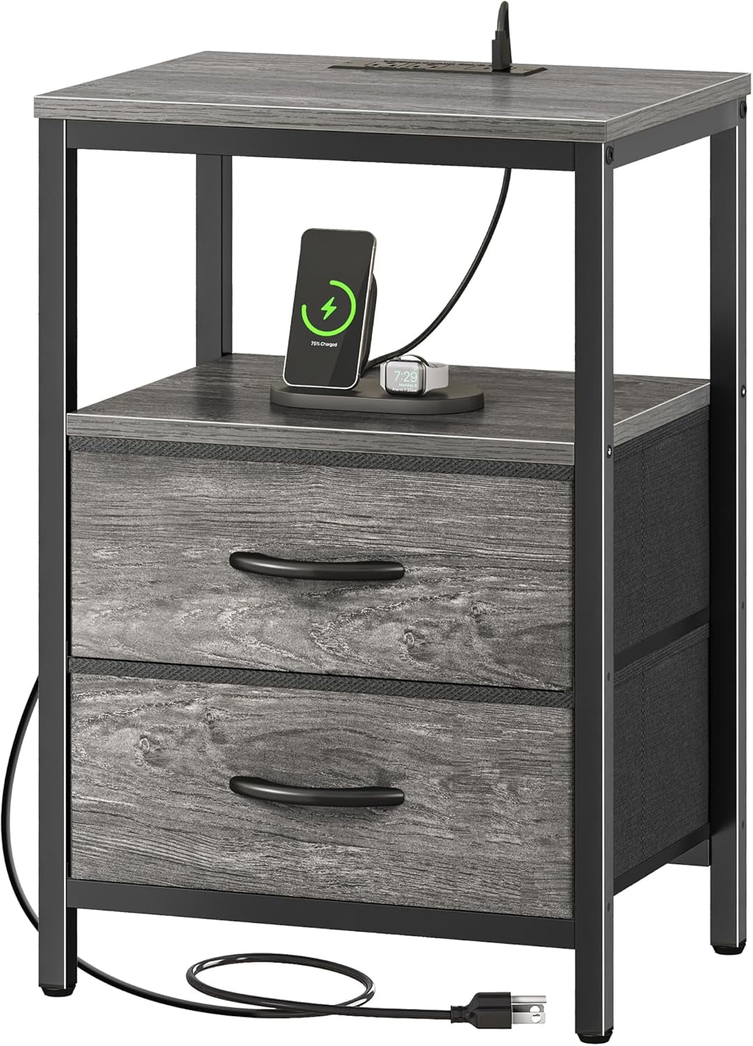 Huuger Nightstand with Charging Station, Side Table with Fabric Drawers ...